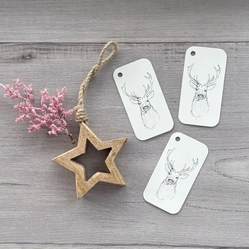 Stag Gift Tag Off White with graphite sketch for Christmas or All Year ...