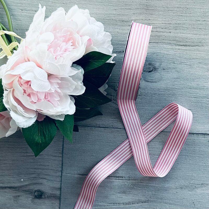 Grosgrain Fine Stripe 25mm x 20mt - Baby Pink and white stripe quality ...